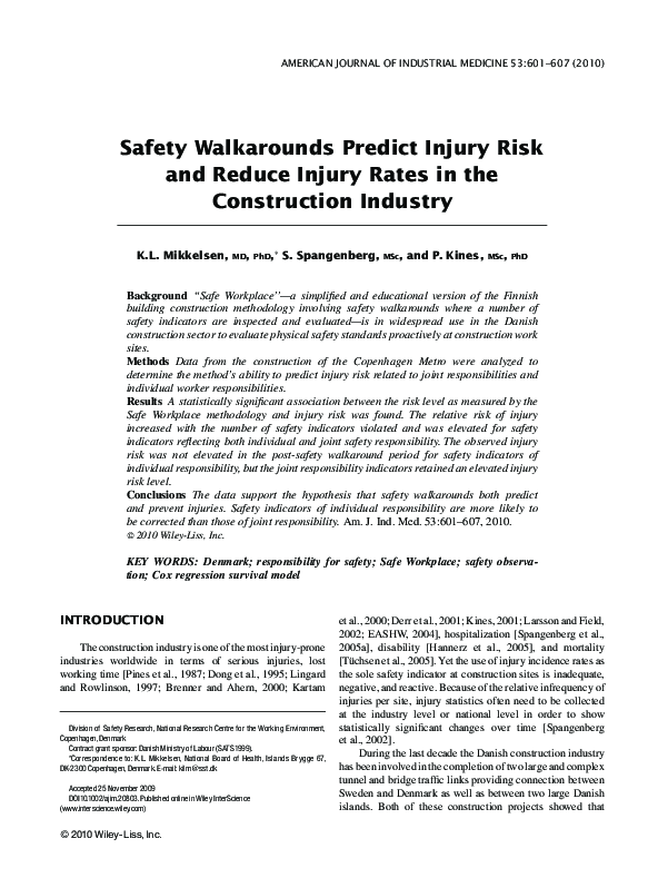 (PDF) Safety walkarounds predict injury risk and reduce injury rates in ...