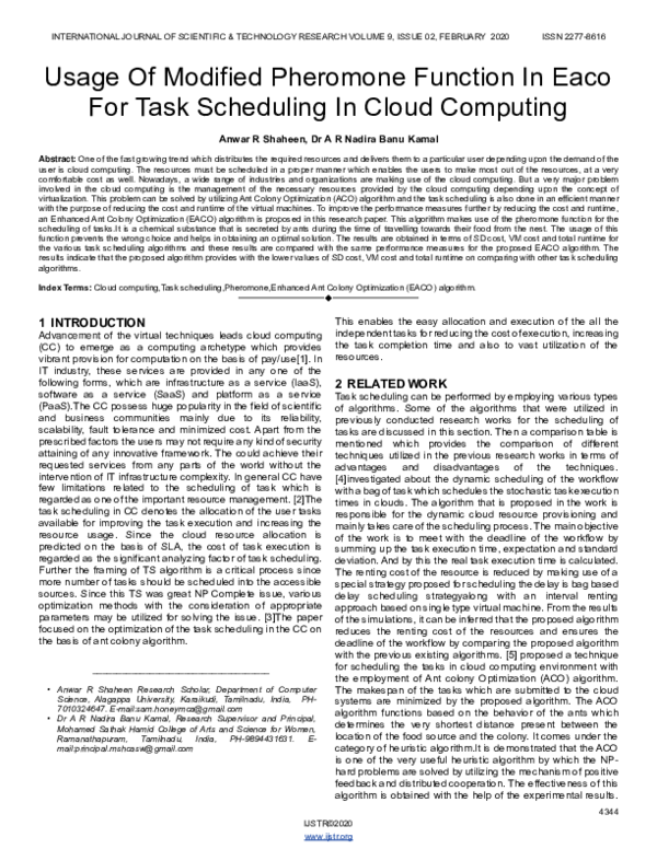(PDF) Usage Of Modified Pheromone Function In Eaco For Task Scheduling In Cloud Computing