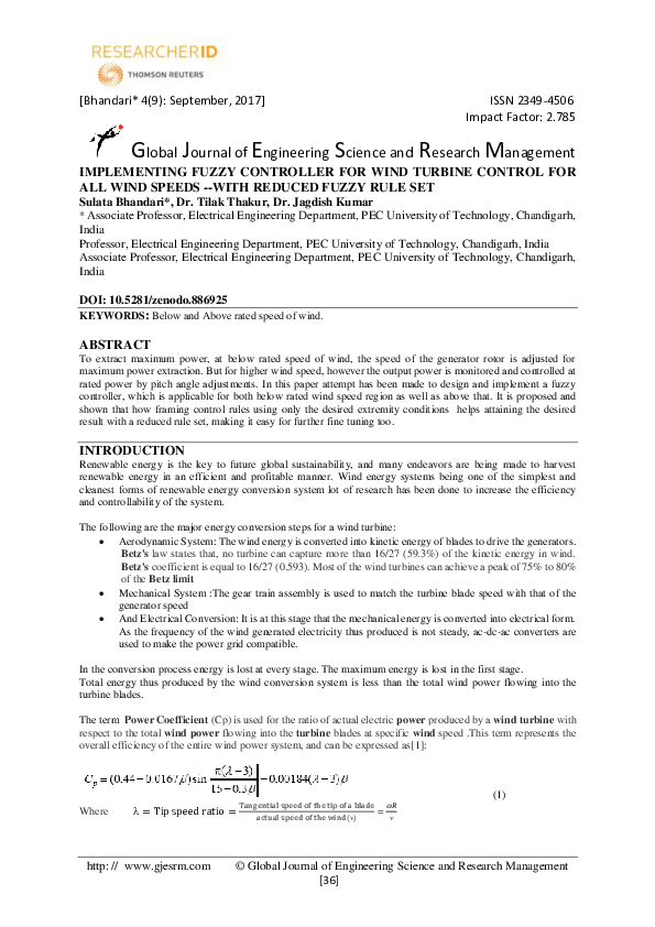 (PDF) Implementing Fuzzy Controller For Wind Turbine Control For All Wind Speeds --With Reduced ...