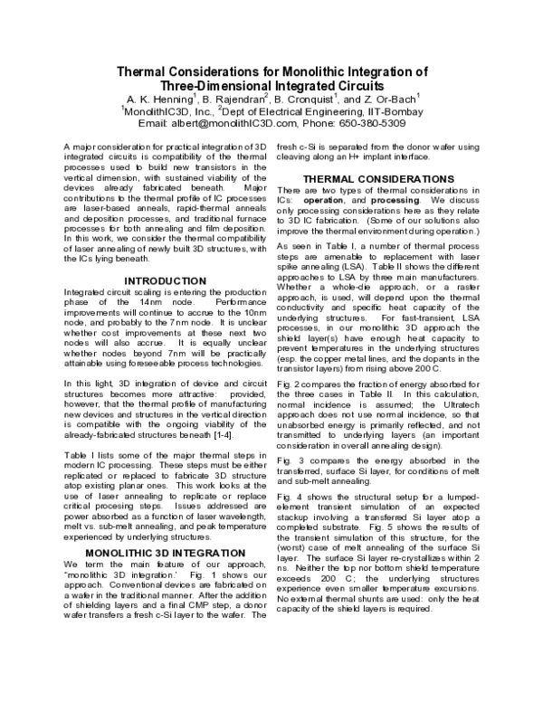 (PDF) Thermal considerations for monolithic integration of three-dimensional integrated circuits