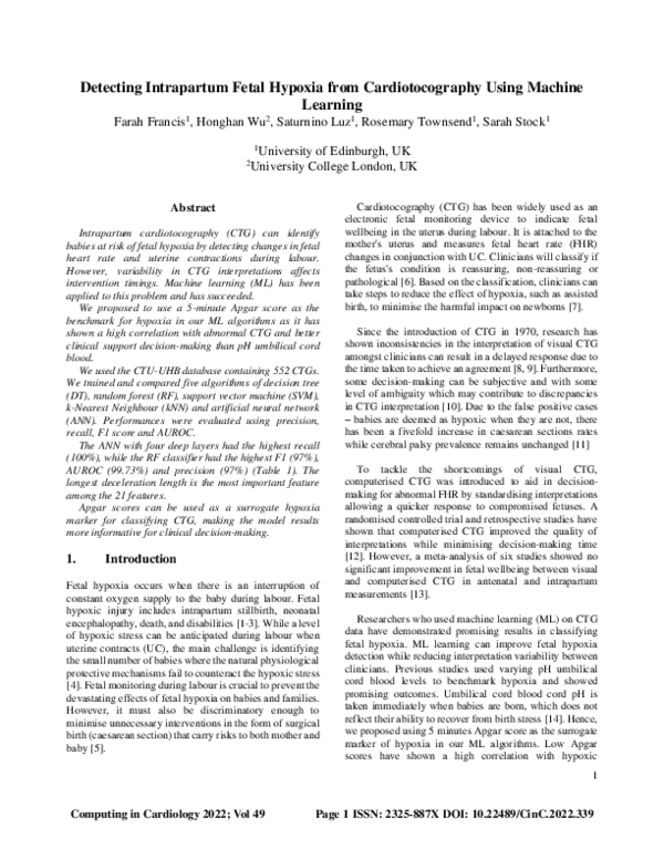 (PDF) Detecting Intrapartum Fetal Hypoxia from Cardiotocography Using ...