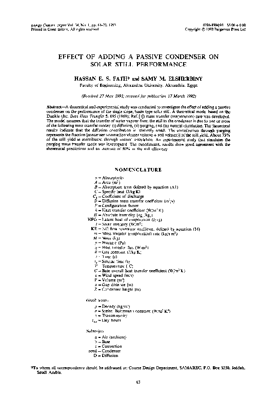 (PDF) Effect of adding a passive condenser on solar still performance