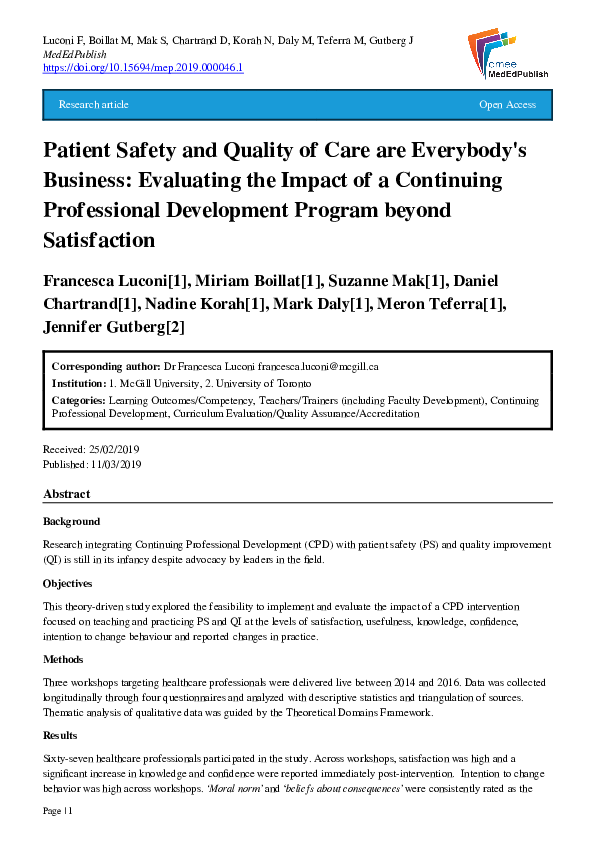 (PDF) Patient Safety and Quality of Care are Everybody's Business: Evaluating the Impact of a ...