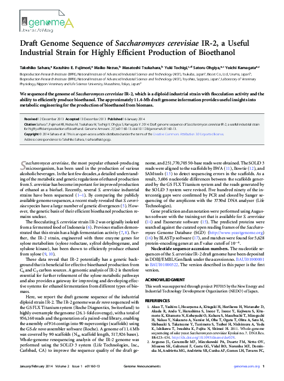 (PDF) Draft Genome Sequence of Saccharomyces cerevisiae IR-2, a Useful Industrial Strain for ...