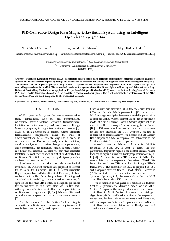 (PDF) PID Controller Design for a Magnetic Levitation System Using an Intelligent Optimisation ...