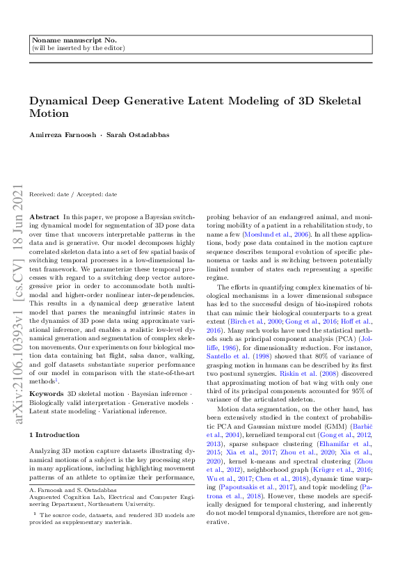 Pdf Dynamical Deep Generative Latent Modeling Of 3d Skeletal Motion