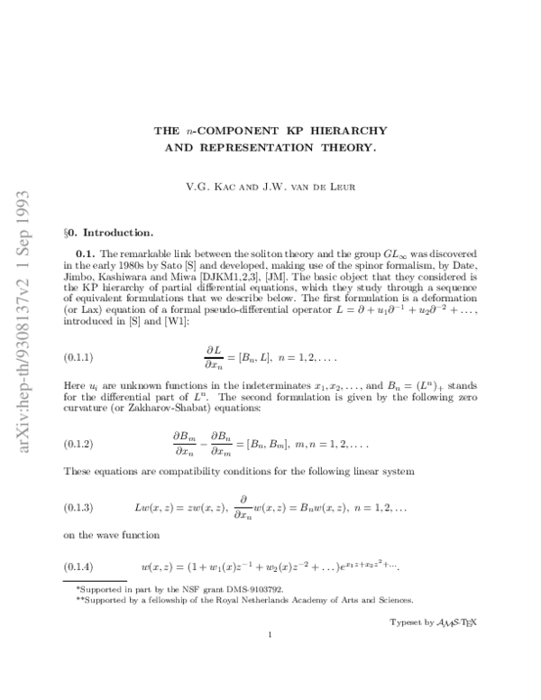 (PDF) The n-component KP hierarchy and representation theory