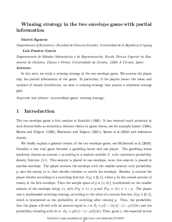 (PDF) Winning Strategy in the Two Envelope Game with Partial Information