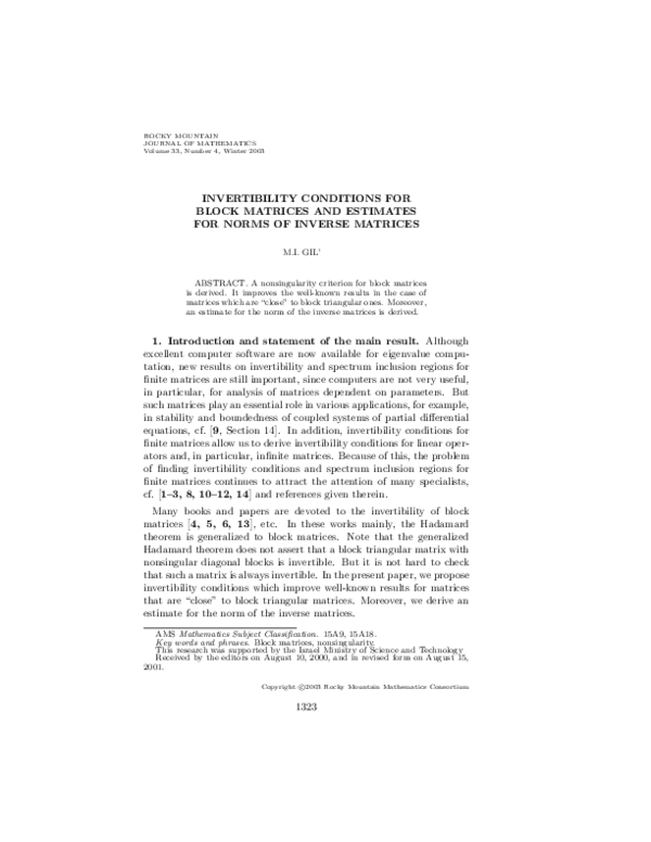 (PDF) Invertibility Conditions for Block Matrices and Estimates for ...