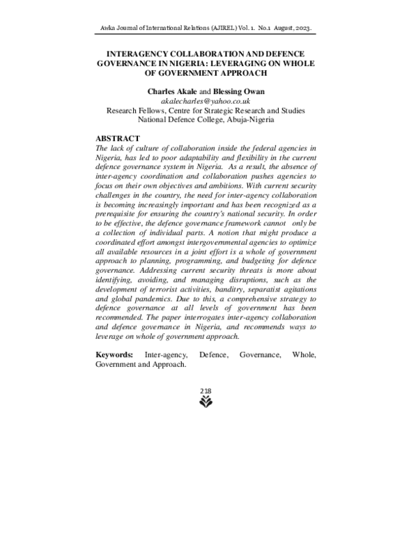 (PDF) INTERAGENCY COLLABORATION AND DEFENCE GOVERNANCE IN NIGERIA ...