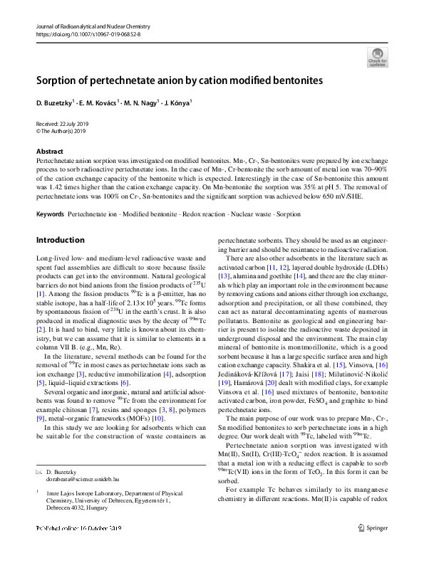 (PDF) Sorption of pertechnetate anion by cation modified bentonites