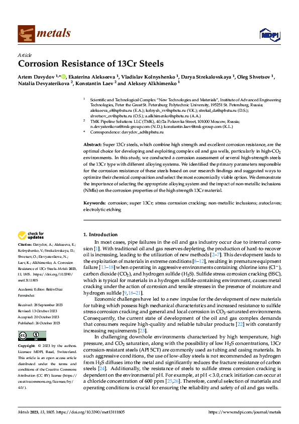 (PDF) Corrosion Resistance of 13Cr Steels