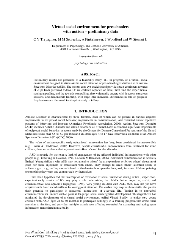 (PDF) Acceptance of a Virtual Social Environment by Pre-Schoolers with Autism Spectrum Disorder