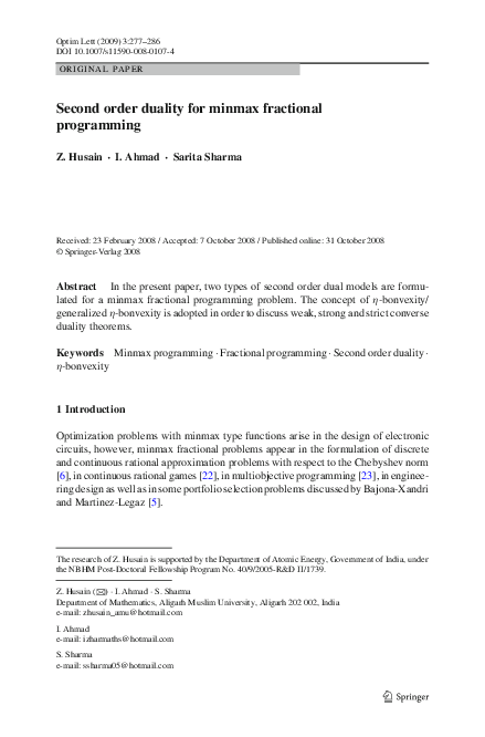 Pdf Second Order Duality For Minmax Fractional Programming 