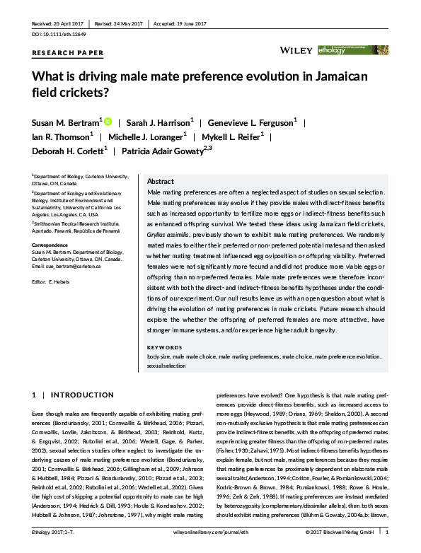 (PDF) What is driving male mate preference evolution in Jamaican field ...