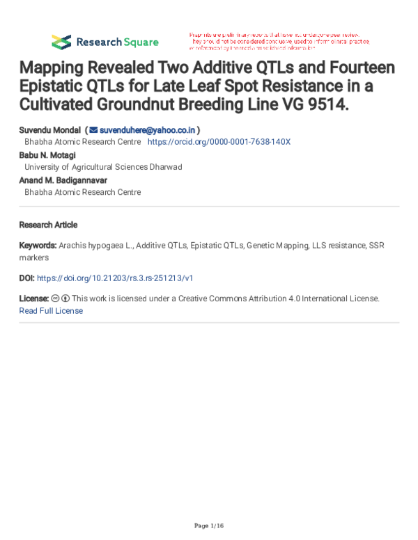 (PDF) Mapping Revealed Two Additive QTLs and Fourteen Epistatic QTLs for Late Leaf Spot ...