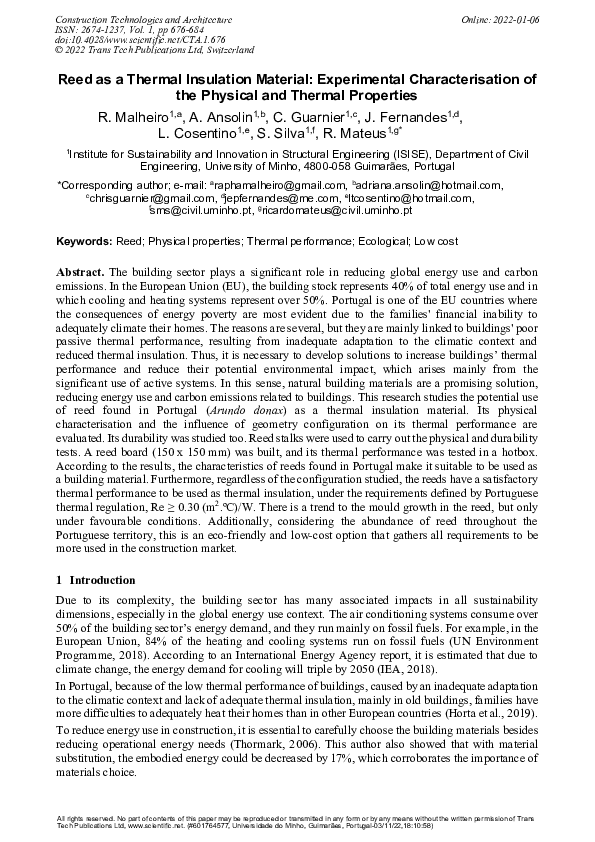 (PDF) Reed as a Thermal Insulation Material: Experimental ...