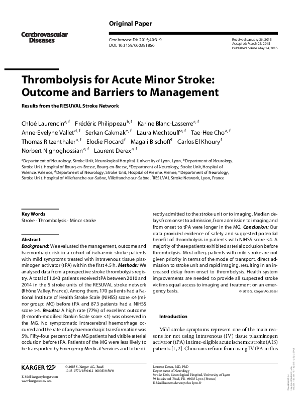 (PDF) Thrombolysis for Acute Minor Stroke: Outcome and Barriers to ...