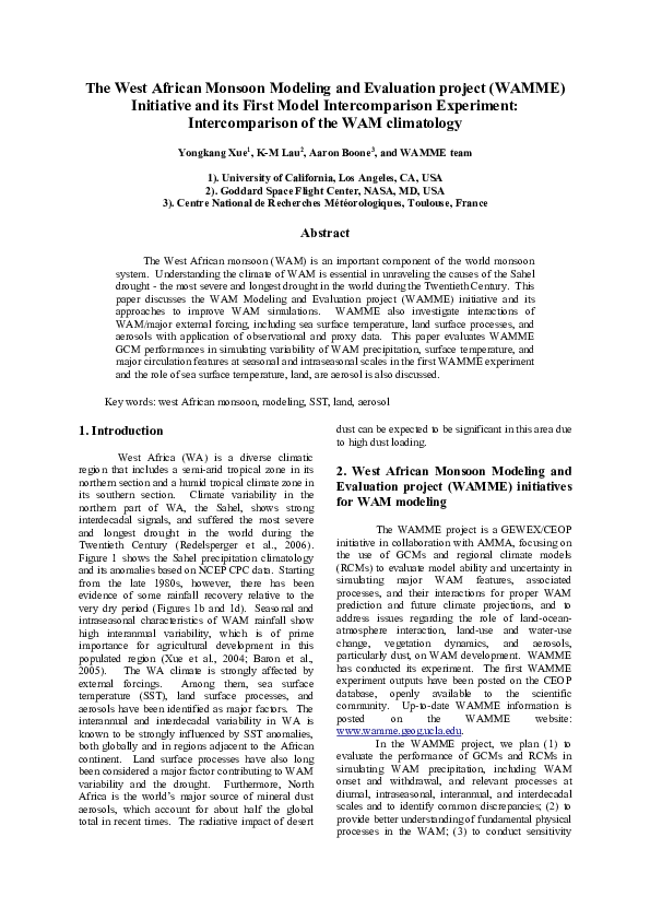 (PDF) The West African monsoon modeling and evaluation project (WAMME) and its first model ...