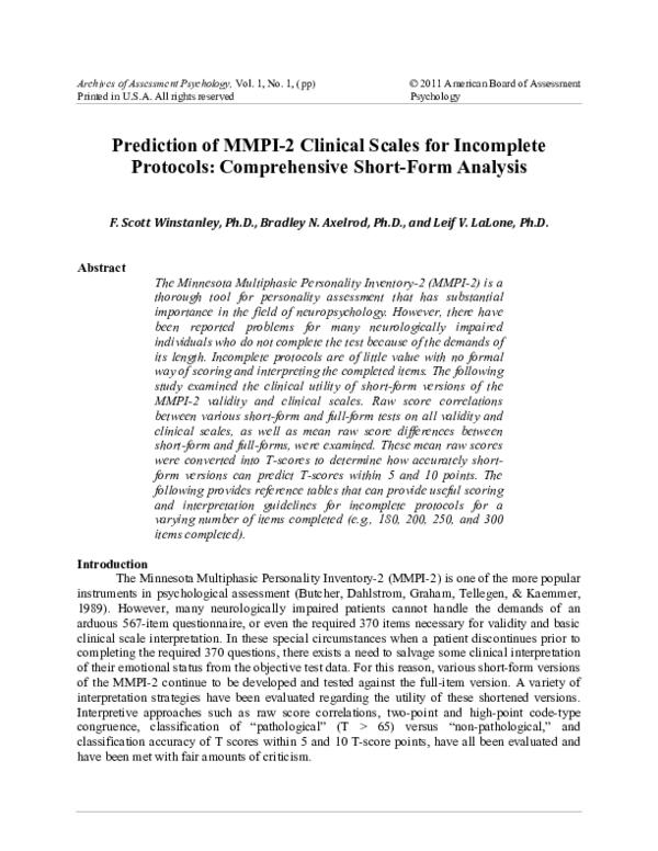 (PDF) Prediction of MMPI-2 Clinical Scales for Incomplete Protocols ...