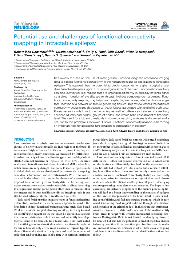 (PDF) Potential Use and Challenges of Functional Connectivity Mapping ...