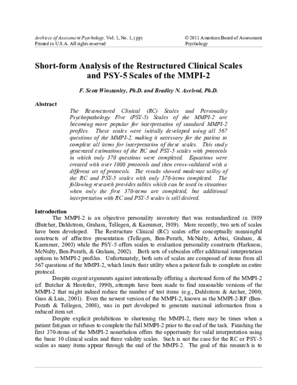 (PDF) Short-form Analysis of the Restructured Clinical Scales and PSY-5 Scales of the MMPI-2