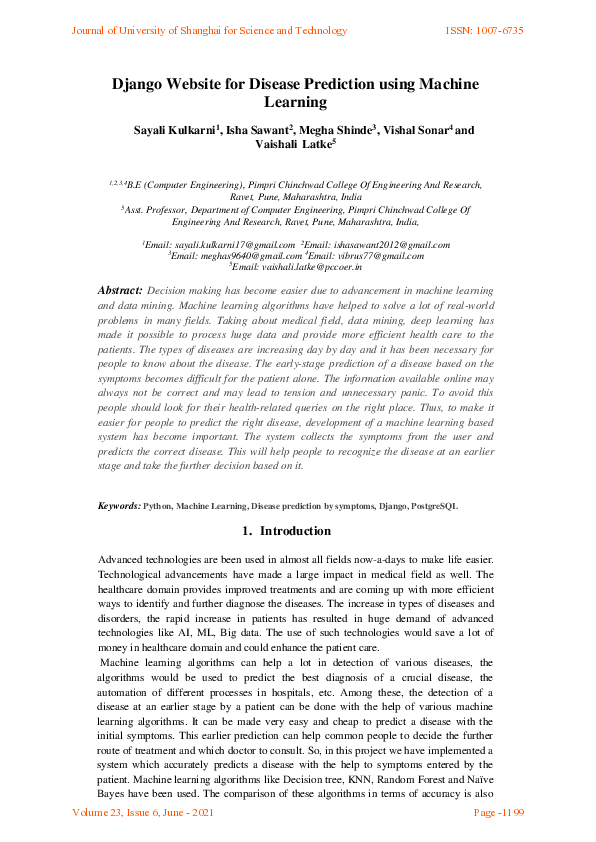 (PDF) Django Website for Disease Prediction using Machine Learning