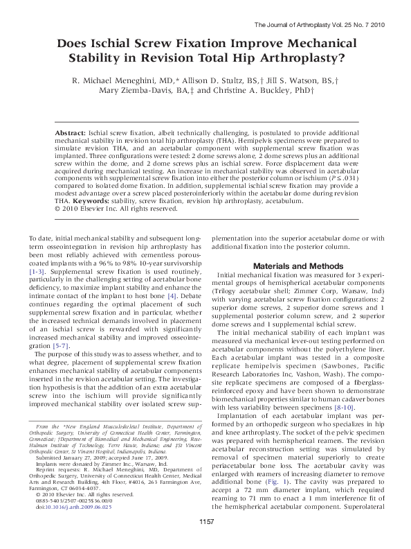 (PDF) Does Ischial Screw Fixation Improve Mechanical Stability in Revision Total Hip Arthroplasty?