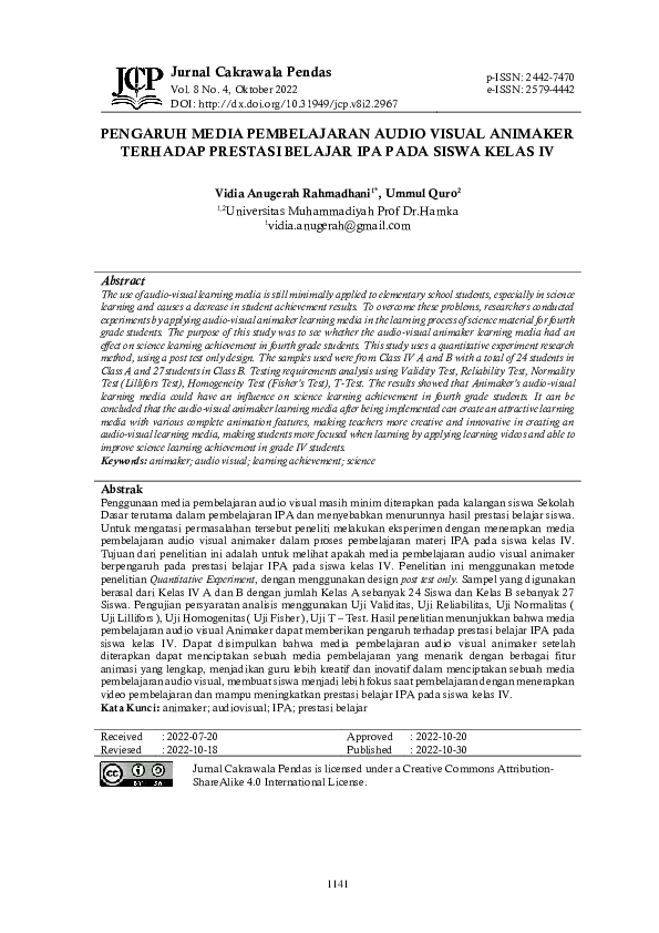 (PDF) Pengaruh Media Pembelajaran Audio Visual Animaker Terhadap Prestasi Belajar Ipa Pada Siswa ...