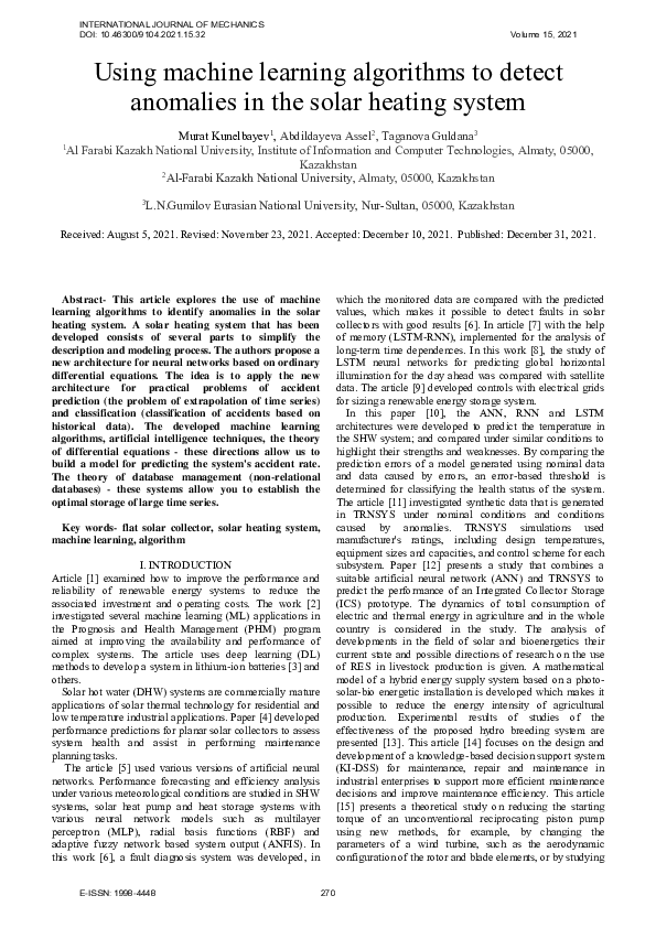 (PDF) Using Machine Learning Algorithms to Detect Anomalies in the Solar Heating System