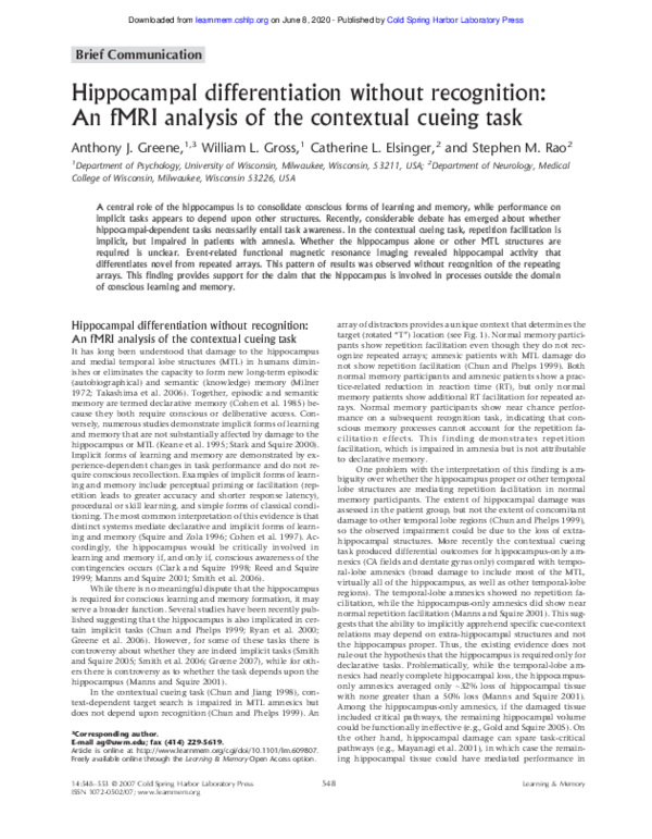 (PDF) Hippocampal differentiation without recognition: An fMRI analysis ...