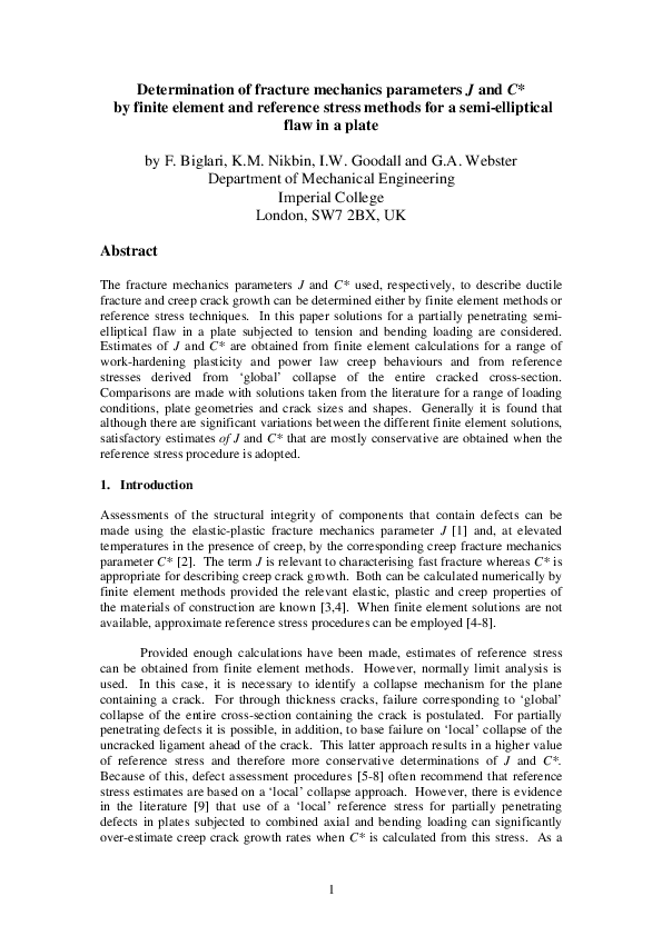 (PDF) Determination of fracture mechanics parameters J and C∗ by finite element and reference ...