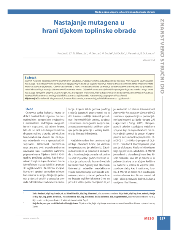 (PDF) Nastajanje mutagena u hrani tijekom toplinske obrade