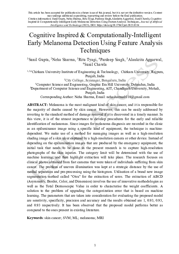 Pdf Cognitive Inspired And Computationally Intelligent Early Melanoma Detection Using Feature