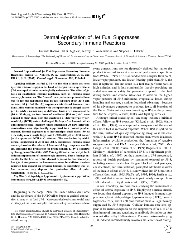 (PDF) Dermal Application of Jet Fuel Suppresses Secondary Immune ...