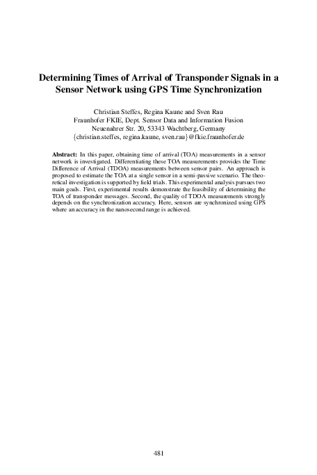 (PDF) Determining Times of Arrival of Transponder Signals in a Sensor Network using GPS Time ...