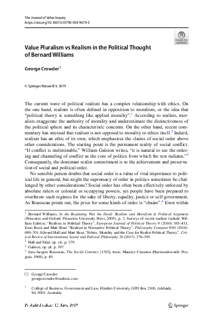(PDF) Value Pluralism vs Realism in the Political Thought of Bernard ...