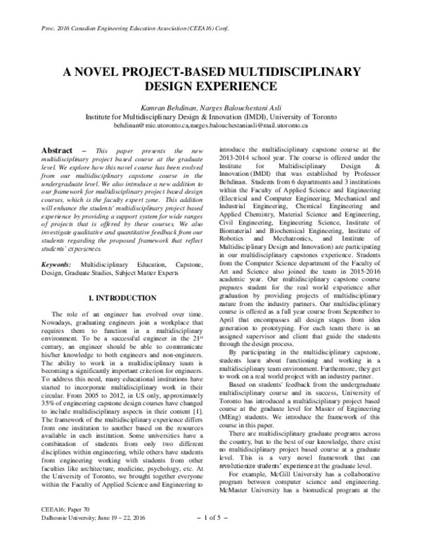 (PDF) A Novel Project-Based Multidisciplinary Design Experience