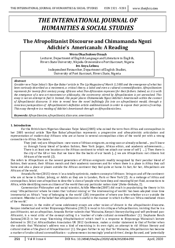 (PDF) The Afropolitanist Discourse and Chimamanda Ngozi Adichie's ...