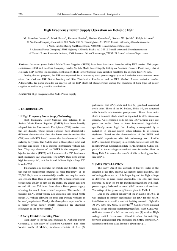 (PDF) High Frequency Power Supply Operation on Hot-Side ESP