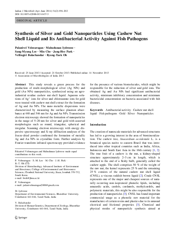 (PDF) Synthesis of Silver and Gold Nanoparticles Using Cashew Nut Shell Liquid and Its ...