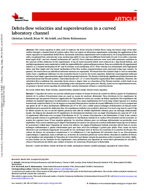 (PDF) Debris-flow velocities and superelevation in a curved laboratory channel