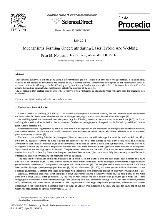 (PDF) Mechanisms Forming Undercuts during Laser Hybrid Arc Welding