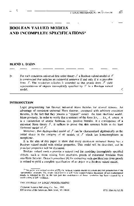 (PDF) Boolean Valued Models and Incomplete Specifications