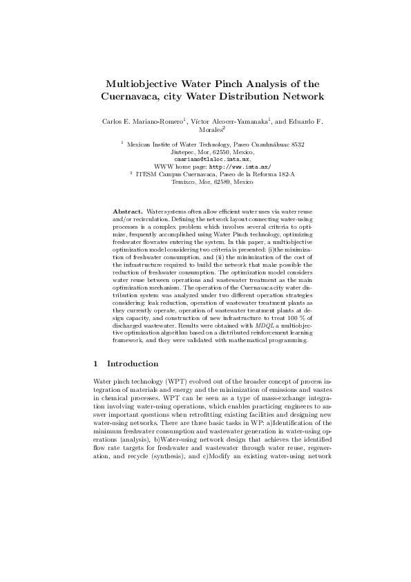 (PDF) Multiobjective Water Pinch Analysis of the Cuernavaca City Water Distribution Network ...