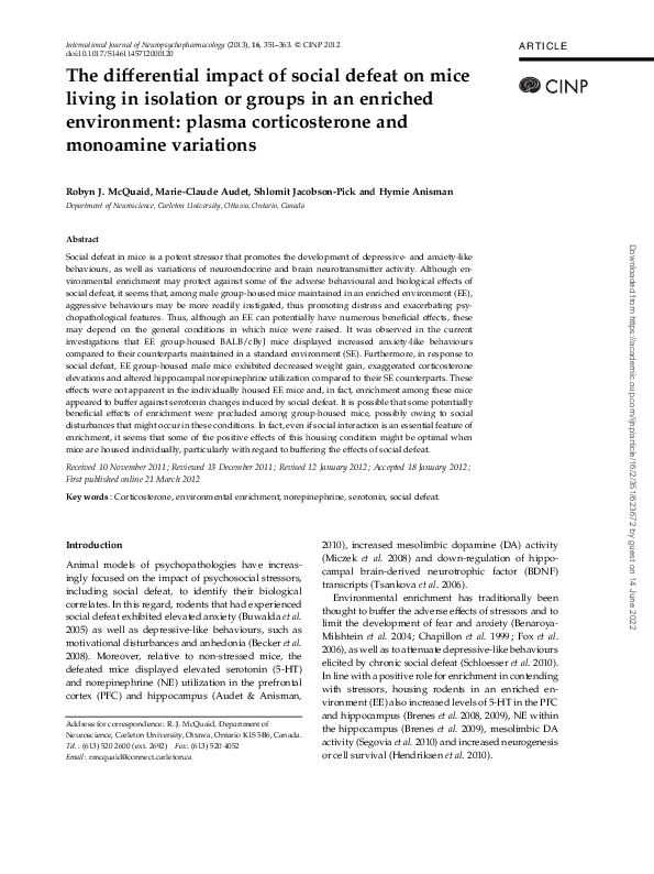 (PDF) The differential impact of social defeat on mice living in ...