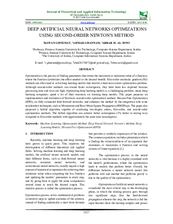 Pdf Deep Artificial Neural Networks Optimizations Using Second Order Newton S Method Rawan