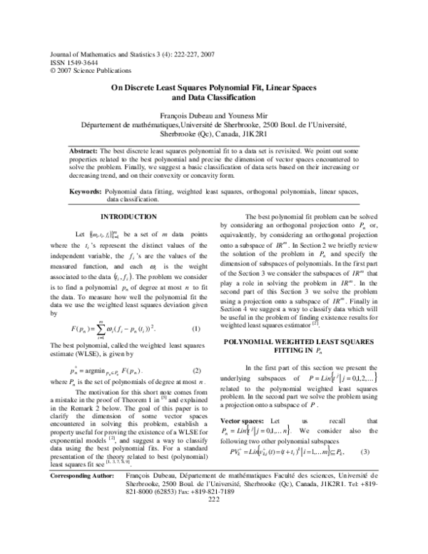(PDF) On Discrete Least Squares Polynomial Fit, Linear Spaces and Data Classification