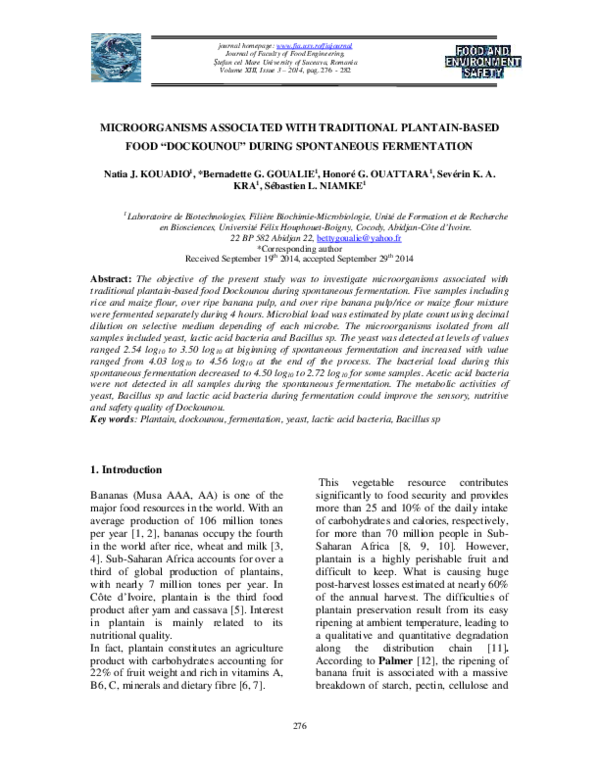 (PDF) Microorganisms Associated with Traditional Plantain-Based Food " Dockounou " During ...