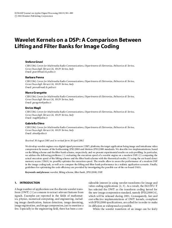 Pdf Wavelet Kernels On A Dsp A Comparison Between Lifting And Filter Banks For Image Coding